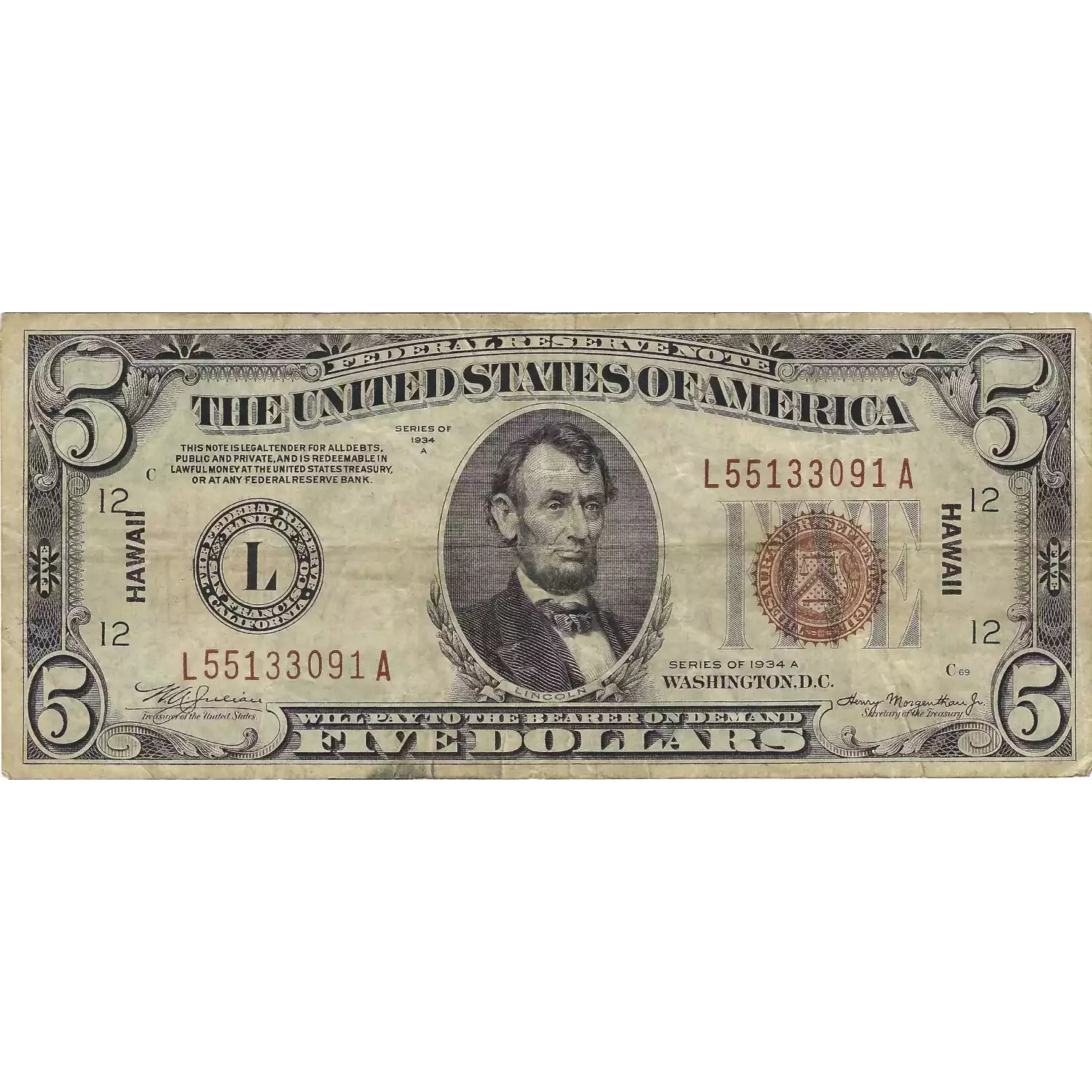 $5 1934-A brown seal Emergency Notes Issued During WW2 2302 - Olevian ...