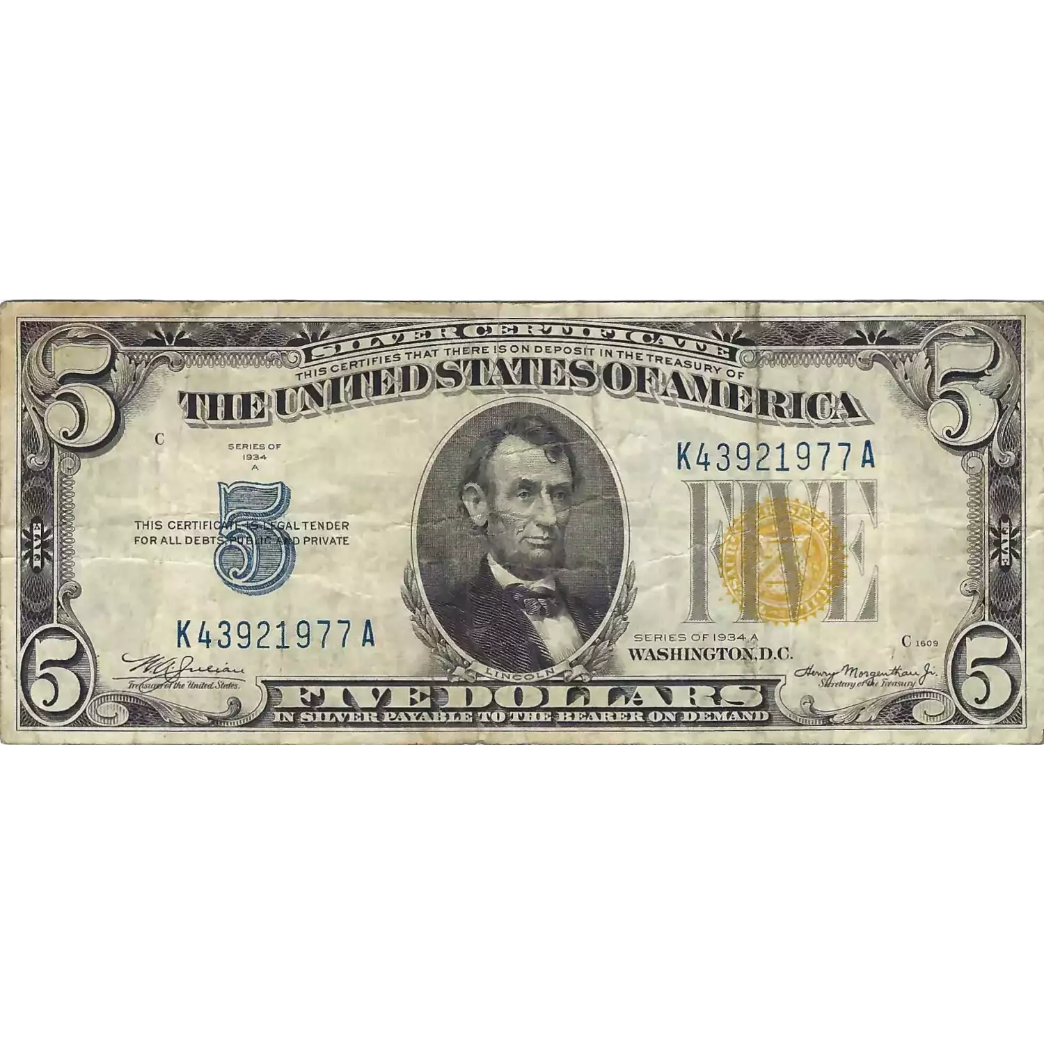 $5 1934-A yellow seal Emergency Notes Issued During WW2 2307 - Olevian ...